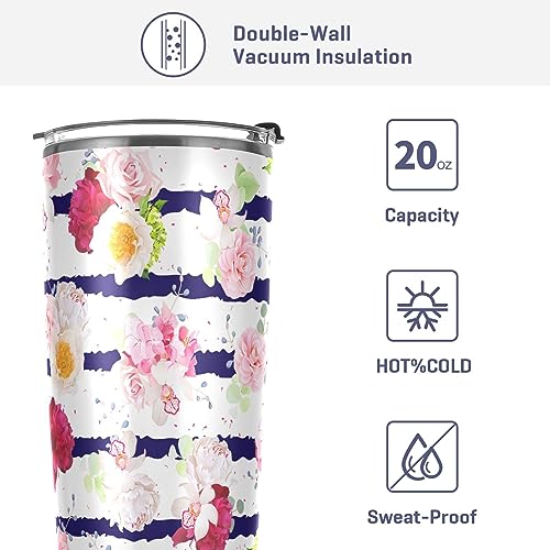 Jihqo Stripes Rose Print Tumbler with Lid and Straw, Insulated Stainless Steel Tumbler Cup, Double Walled Travel Coffee Mug Thermal Vacuum Cups for Hot & Cold Drinks 12oz