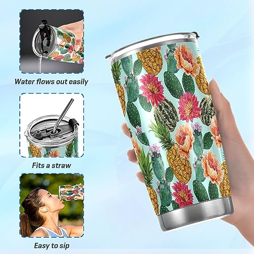 Jihqo Tropical Flower & Pineapple Tumbler with Lid and Straw, Insulated Stainless Steel Tumbler Cup, Double Walled Travel Coffee Mug Thermal Vacuum Cups for Hot & Cold Drinks 12oz