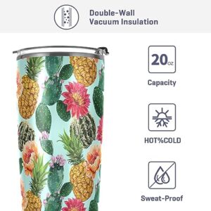 Jihqo Tropical Flower & Pineapple Tumbler with Lid and Straw, Insulated Stainless Steel Tumbler Cup, Double Walled Travel Coffee Mug Thermal Vacuum Cups for Hot & Cold Drinks 12oz