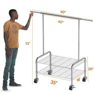 Clothes Rack, Heavy Duty Load 620lbs, Clothing Rack with Wheels Commercial Garment Rack for Hanging Clothes Rack, Portable Rolling Clothes Rack with 2 Tier Storage Shelf, Adjustable Length 40"-60"