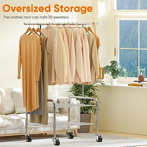 Clothes Rack, Heavy Duty Load 620lbs, Clothing Rack with Wheels Commercial Garment Rack for Hanging Clothes Rack, Portable Rolling Clothes Rack with 2 Tier Storage Shelf, Adjustable Length 40"-60"