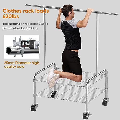 Clothes Rack, Heavy Duty Load 620lbs, Clothing Rack with Wheels Commercial Garment Rack for Hanging Clothes Rack, Portable Rolling Clothes Rack with 2 Tier Storage Shelf, Adjustable Length 40"-60"