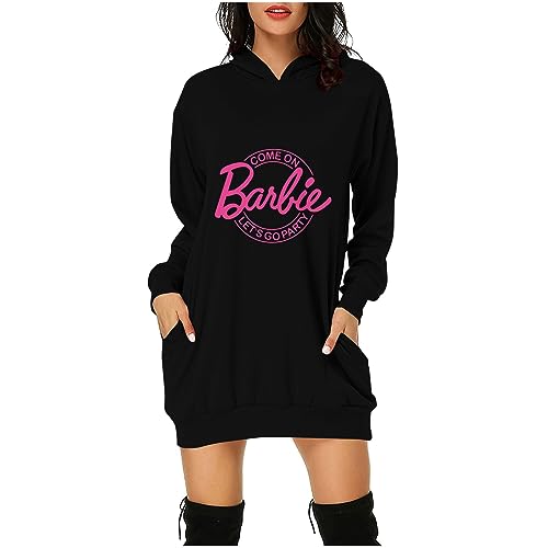 Hooded Dress for Women Come On Let's Go Party Print Dress Bachelorette Party Long Sleeve Casual Loose Pullover Dress Black