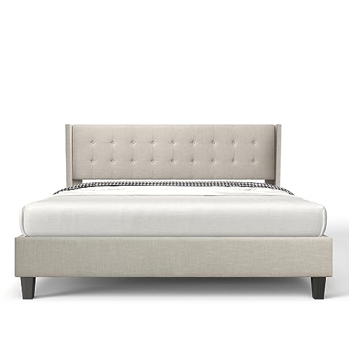 BONSOIR Queen Size Sand Color Bed Frame Upholstered Traditional Low Profile Platform with Wing Back Headboard