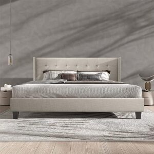 BONSOIR Queen Size Sand Color Bed Frame Upholstered Traditional Low Profile Platform with Wing Back Headboard