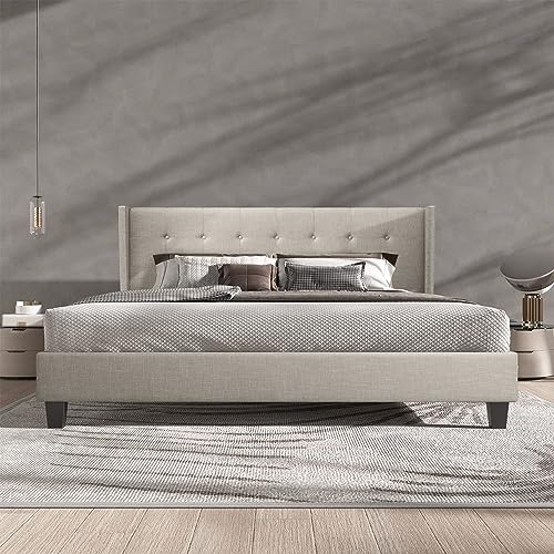 BONSOIR Queen Size Sand Color Bed Frame Upholstered Traditional Low Profile Platform with Wing Back Headboard