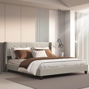 BONSOIR Queen Size Sand Color Bed Frame Upholstered Traditional Low Profile Platform with Wing Back Headboard