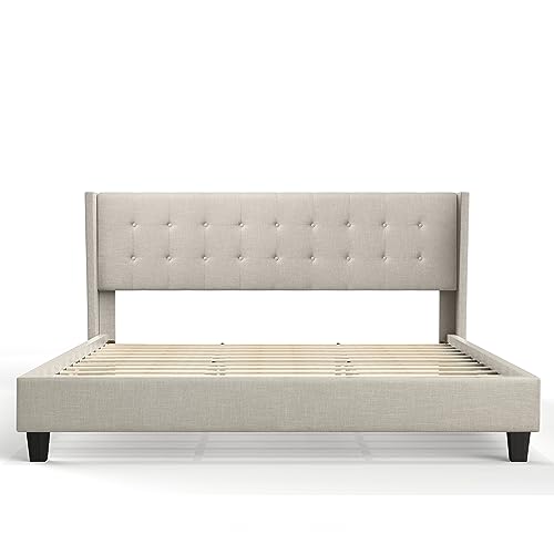 BONSOIR Queen Size Sand Color Bed Frame Upholstered Traditional Low Profile Platform with Wing Back Headboard