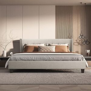 BONSOIR Queen Size Sand Color Bed Frame Upholstered Traditional Low Profile Platform with Wing Back Headboard