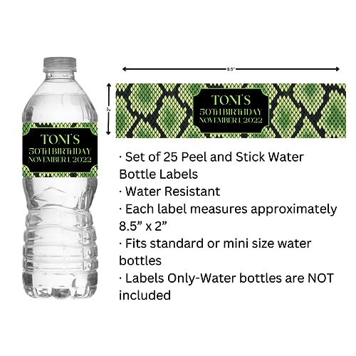 Personalized Water Bottle Labels, Snake Party Favors, Pack of 25 Peel and Stick Waterproof Wrappers