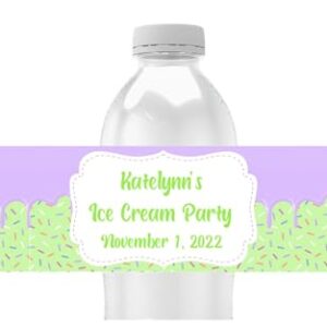 Ice Cream Party, Personalized Water Bottle Labels, Baby Sprinkle Favors, Pack of 25 Peel and Stick Waterproof Wrappers (Purple/Green)