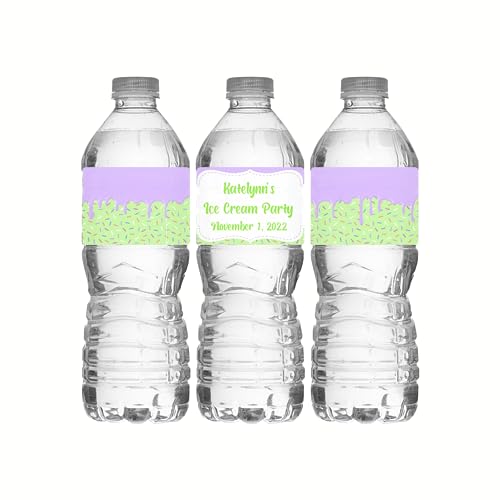 Ice Cream Party, Personalized Water Bottle Labels, Baby Sprinkle Favors, Pack of 25 Peel and Stick Waterproof Wrappers (Purple/Green)