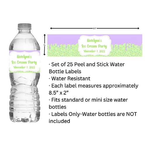 Ice Cream Party, Personalized Water Bottle Labels, Baby Sprinkle Favors, Pack of 25 Peel and Stick Waterproof Wrappers (Purple/Green)