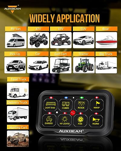 Auxbeam RGB Bluetooth 8 Gang Switch Panel AR-820 Toggle Momentary Pulsed Switch Pod for Truck UTV Offroad Boat with Switch Panel Sticker