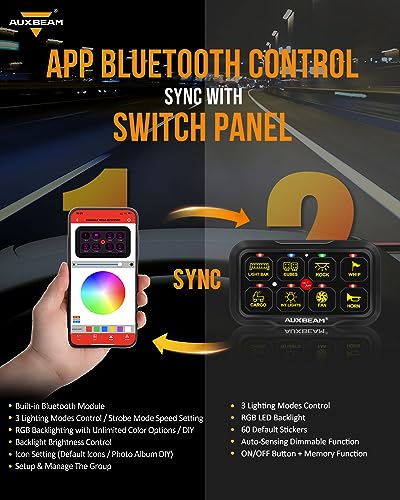 Auxbeam RGB Bluetooth 8 Gang Switch Panel AR-820 Toggle Momentary Pulsed Switch Pod for Truck UTV Offroad Boat with Switch Panel Sticker