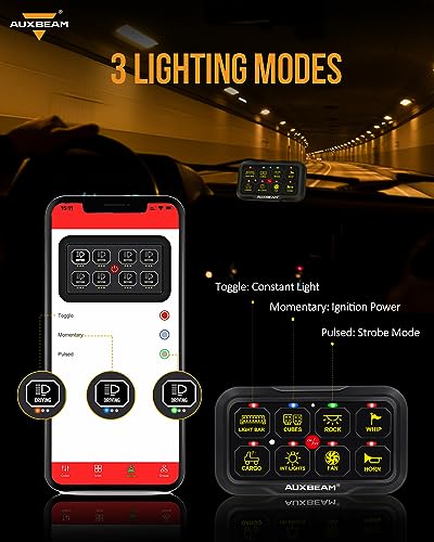 Auxbeam RGB Bluetooth 8 Gang Switch Panel AR-820 Toggle Momentary Pulsed Switch Pod for Truck UTV Offroad Boat with Switch Panel Sticker