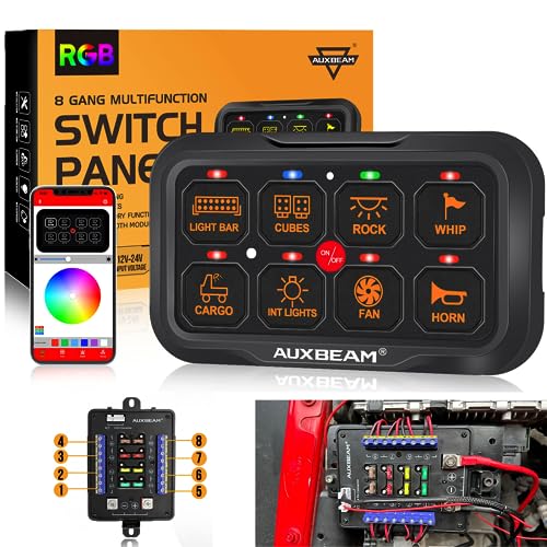 Auxbeam RGB Bluetooth 8 Gang Switch Panel AR-820 Toggle Momentary Pulsed Switch Pod for Truck UTV Offroad Boat with Switch Panel Sticker