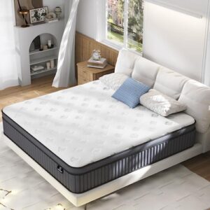 een een sleep queen mattress, 12 inch hybrid mattress in a box, queen size mattress foam and individually wrapped pocket coils, soft and breathable, pressure relief, strong edge support, medium firm