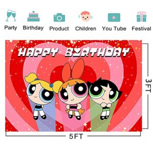 Cartoon Girls Backdrop for Party Supplies 5x3ft Powerpuff Girl Birthday Banner Baby Shower Photo Background for Kids Party Decorations Superhero Girl Photography Backdrop