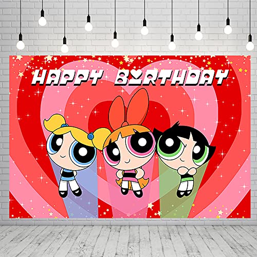 Cartoon Girls Backdrop for Party Supplies 5x3ft Powerpuff Girl Birthday Banner Baby Shower Photo Background for Kids Party Decorations Superhero Girl Photography Backdrop