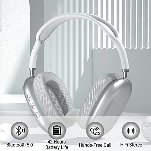 Peakfun Wireless Headphones Over-Ear Bluetooth Adjustable Headphones 42 Hours of Listening Time Volume Control, Fitting in Gaming/Running/Sports Headphones for iPhone/Android/Samsung - Silver