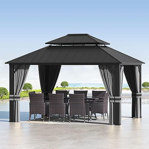 Gotland 12' x 14' Hardtop Gazebo,Outdoor Galvanized Steel Metal Double Roof Pergola with Curtains and Netting for Patios, Gardens, Lawns(Grey)