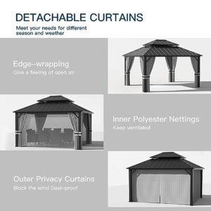 Gotland 12' x 14' Hardtop Gazebo,Outdoor Galvanized Steel Metal Double Roof Pergola with Curtains and Netting for Patios, Gardens, Lawns(Grey)