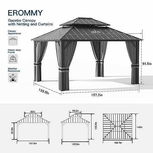 Gotland 12' x 14' Hardtop Gazebo,Outdoor Galvanized Steel Metal Double Roof Pergola with Curtains and Netting for Patios, Gardens, Lawns(Grey)