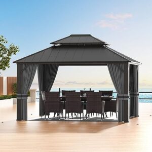 Gotland 12' x 14' Hardtop Gazebo,Outdoor Galvanized Steel Metal Double Roof Pergola with Curtains and Netting for Patios, Gardens, Lawns(Grey)