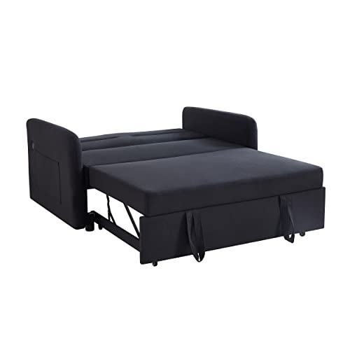 FIQHOME, Convertible Loveseat Bed Mid-Century Modern Sleeper, Twin Floor Gaming Couch,Upholstered Fabric Futon Living Room,Foldable Lazy Recliner Sofa,Black