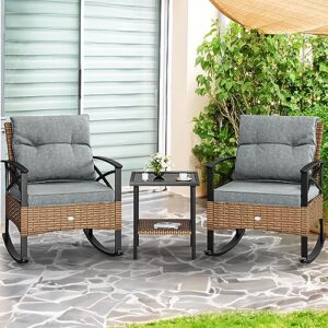 YITAHOME 3-Piece Outdoor Rocking Chair Bistro Set, Patio Wicker Rocking Chair Conversation Set with Glass Coffee Table & Soft Cushions for Balcony, Lawn and Porch Poolside (Light Brown+Gray)