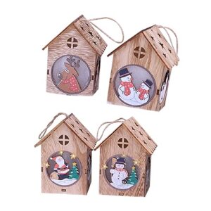 bestoyard 4pcs glowing wooden house wooden hanging ornament snow globe lantern christmas lit house snowman night light desktop wooden village home decor night lamp child snowball mini