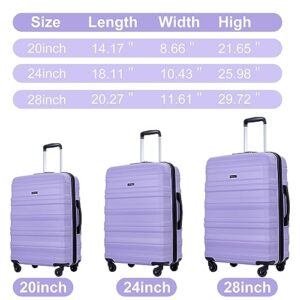 Travelhouse Expandable Hard Shell Luggage 3 Piece Set, PC Hard Wheel Luggage Set with Spinner Wheels, TSA Lock, 20 inch 24 inch 28 inch Women's suitcase set(light purple)