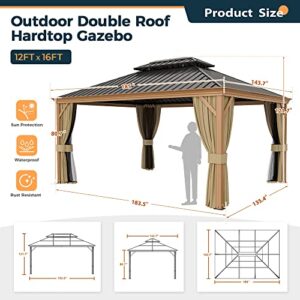 HAPPATIO 12' x 16' Hardtop Gazebo Wood Grain Gazebo with Aluminum Frame, Outdoor Gazebo with Galvanized Steel Double Roof for Deck, Backyard, Patio, Lawns (Beige)