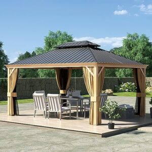 happatio 12' x 16' hardtop gazebo wood grain gazebo with aluminum frame, outdoor gazebo with galvanized steel double roof for deck, backyard, patio, lawns (beige)