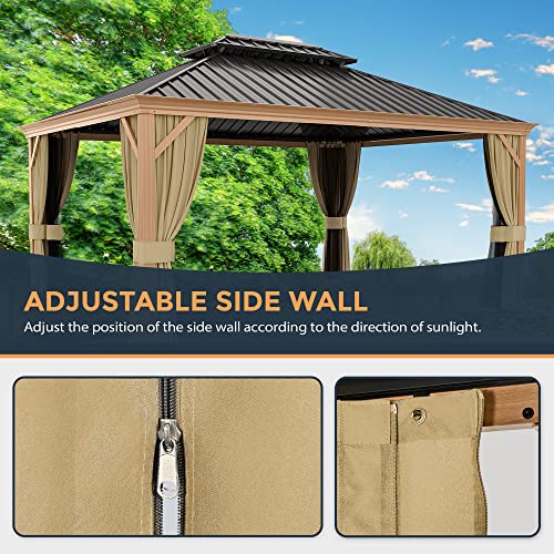 HAPPATIO 12' x 16' Hardtop Gazebo Wood Grain Gazebo with Aluminum Frame, Outdoor Gazebo with Galvanized Steel Double Roof for Deck, Backyard, Patio, Lawns (Beige)