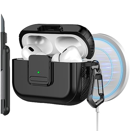 R-fun for Airpods Pro 2/1 Case with Secure Lock, Magnetic Protetive Hard Case Cover with Cleaning Kit, Keychain and Lanyard for Airpods Pro 2022/2019-Black