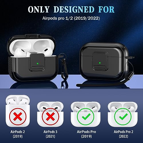 R-fun for Airpods Pro 2/1 Case with Secure Lock, Magnetic Protetive Hard Case Cover with Cleaning Kit, Keychain and Lanyard for Airpods Pro 2022/2019-Black