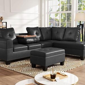 AWQM Upholstered Sectional Sofa w/Chaise Lounge, Modern L Shaped Sofa Couch with Storage Ottoman Bench, PU Leather Sectional Couches with Cup Holder for Living Room Small Space