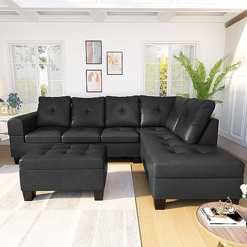 AWQM Upholstered Sectional Sofa w/Chaise Lounge, Modern L Shaped Sofa Couch with Storage Ottoman Bench, PU Leather Sectional Couches with Cup Holder for Living Room Small Space