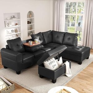 AWQM Upholstered Sectional Sofa w/Chaise Lounge, Modern L Shaped Sofa Couch with Storage Ottoman Bench, PU Leather Sectional Couches with Cup Holder for Living Room Small Space