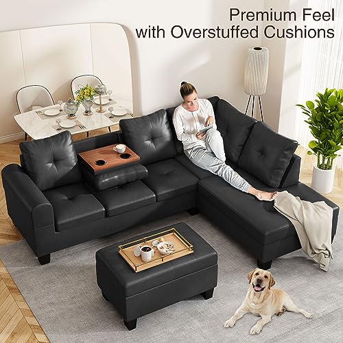 AWQM Upholstered Sectional Sofa w/Chaise Lounge, Modern L Shaped Sofa Couch with Storage Ottoman Bench, PU Leather Sectional Couches with Cup Holder for Living Room Small Space