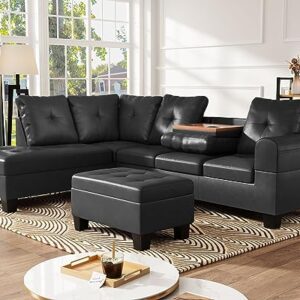 AWQM Upholstered Sectional Sofa w/Chaise Lounge, Modern L Shaped Sofa Couch with Storage Ottoman Bench, PU Leather Sectional Couches with Cup Holder for Living Room Small Space