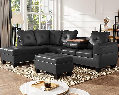 AWQM Upholstered Sectional Sofa w/Chaise Lounge, Modern L Shaped Sofa Couch with Storage Ottoman Bench, PU Leather Sectional Couches with Cup Holder for Living Room Small Space