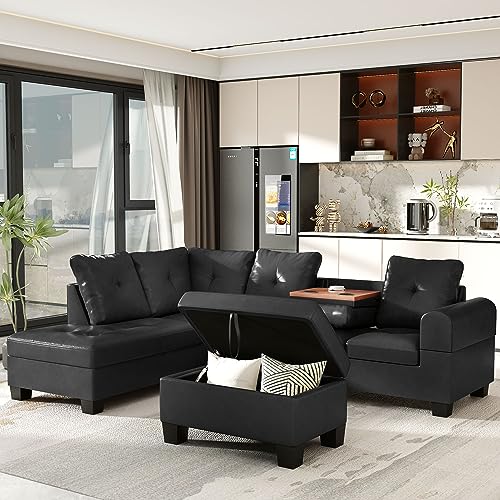 AWQM Upholstered Sectional Sofa w/Chaise Lounge, Modern L Shaped Sofa Couch with Storage Ottoman Bench, PU Leather Sectional Couches with Cup Holder for Living Room Small Space