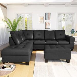 AWQM Upholstered Sectional Sofa w/Chaise Lounge, Modern L Shaped Sofa Couch with Storage Ottoman Bench, PU Leather Sectional Couches with Cup Holder for Living Room Small Space