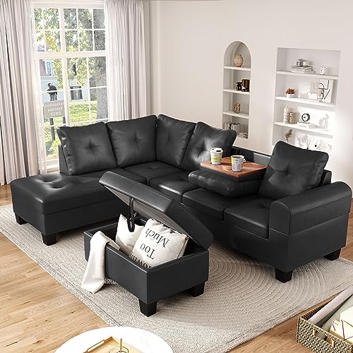 AWQM Upholstered Sectional Sofa w/Chaise Lounge, Modern L Shaped Sofa Couch with Storage Ottoman Bench, PU Leather Sectional Couches with Cup Holder for Living Room Small Space