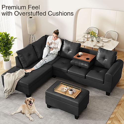 AWQM Upholstered Sectional Sofa w/Chaise Lounge, Modern L Shaped Sofa Couch with Storage Ottoman Bench, PU Leather Sectional Couches with Cup Holder for Living Room Small Space