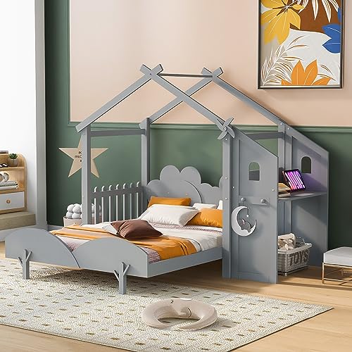 Aiuyesuo Twin Size Platform Bed with Windmill Roof and Flower Decor Headboard, Solid Wood Platform Bed Frame with Desk and 2 Handles, Fairytale-Like House Bed for Kids Teens Adults (Gray-TT78)