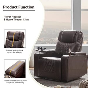 Merax Power Recliner Chair, Leather Lazy Boy Single Sofa with Cup Holders, Tray Table and Storage, Brown